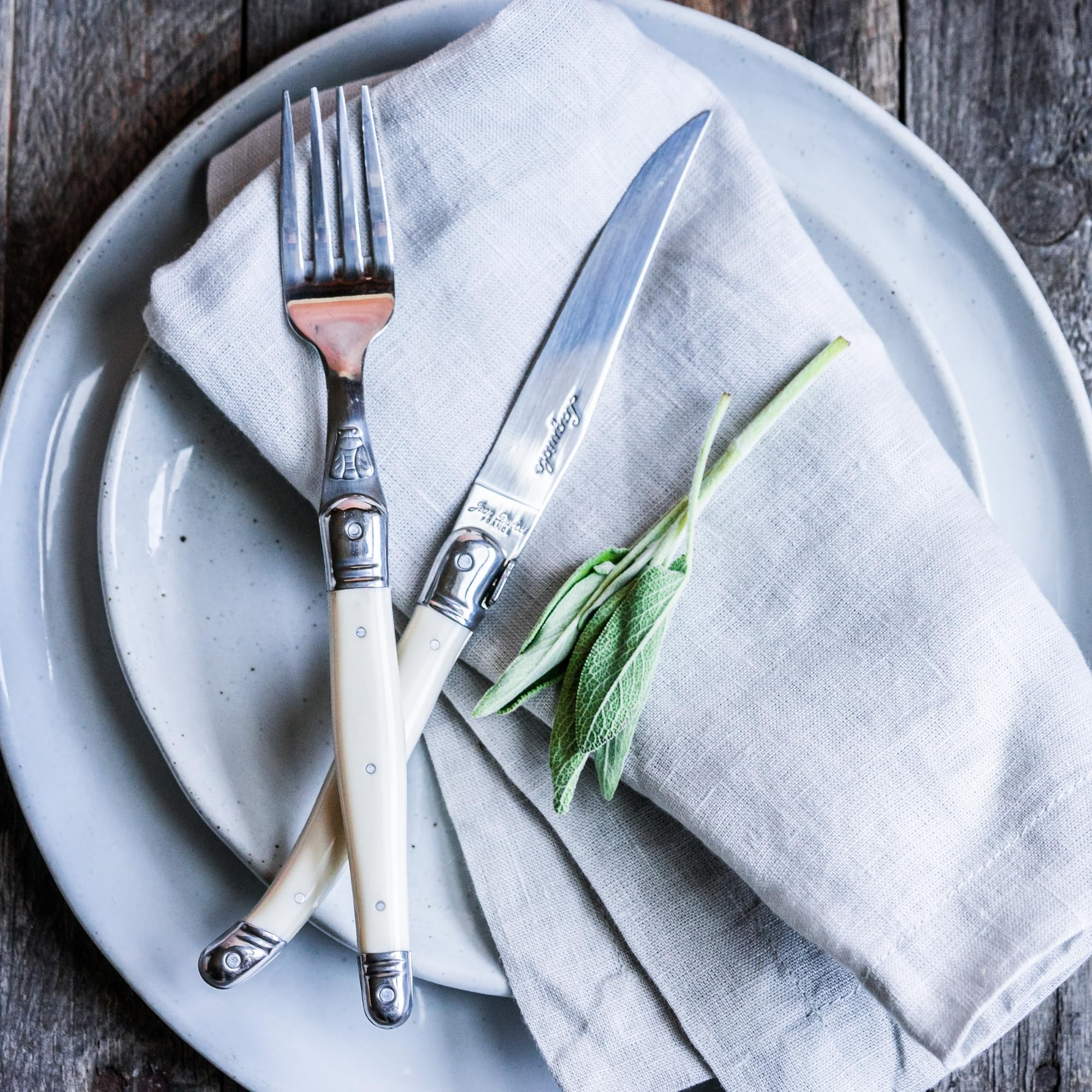 Jean Dubost Laguiole 12-Piece Flatware Set, Ivory Handles - Rust-Resistant Stainless Steel - Includes Wooden Tray - Made in France