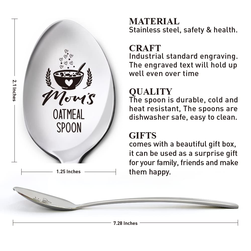 Spoon Gift for Mom, Mom's Oatmeal Spoon, Mother’s Day Birthday Thanksgiving Christmas Gifts for Best Mom Ever, Mom Gifts from Daughter Son Husband, Engraved Stainless Steel Spoon GIfts for Mom Mother