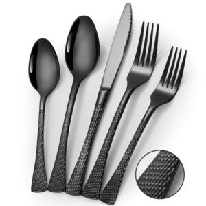 lemeya hammered black silverware set,20 piece modern flatware set service for 4,mirror polished stainless steel cutlery set tableware set,kitchen knives forks spoons set,dishwasher safe