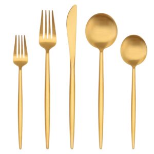 matte gold silverware set,begeel 20-piece stainless steel flatware set for 4, satin finish tableware cutlery set,premium utensil set,utensil sets for kitchen home and restaurant,dishwasher safe