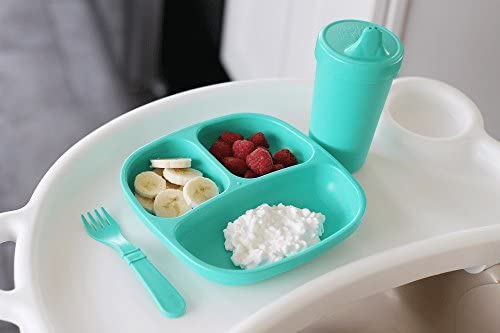 Re-Play Made in USA Toddler Dinnerware Set - No-Spill Sippy Cup, 7" Divided Plate, Rounded Tip Fork and Deep Scoop Spoon - Dishwasher/Microwave Safe Plastic Dinnerware Set - Kelly Green