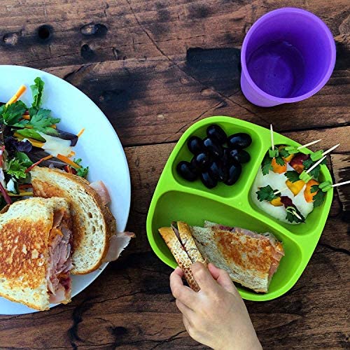 Re-Play Made in USA Toddler Dinnerware Set - No-Spill Sippy Cup, 7" Divided Plate, Rounded Tip Fork and Deep Scoop Spoon - Dishwasher/Microwave Safe Plastic Dinnerware Set - Kelly Green