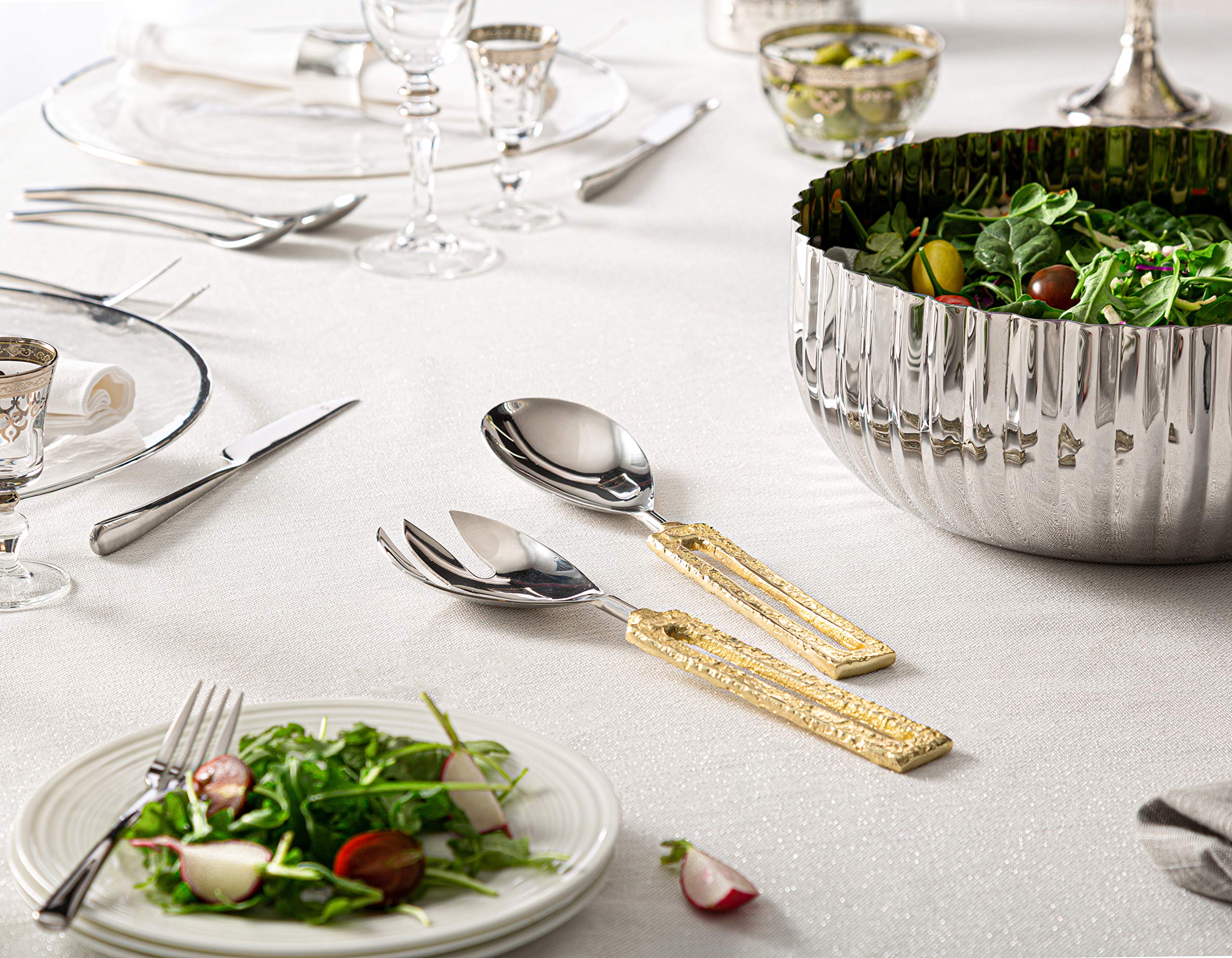 Set of Stainless Steel Salad Servers with Gold Loop Handle- Two toned Server and Handle- Spoon and Spork Set