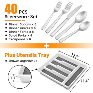 Homikit 40 Pieces Silverware Set with Tray, Stainless Steel Matte Flatware for 8, Fancy Metal Cutlery Satin Finish, Nice Modern Eating Utensils Tableware for Home Kitchen Restaurant, Dishwasher Safe