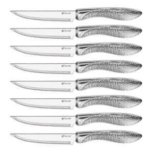 hissf steak knives set of 8,serrated stainless steel sharp blade flatware steak knife set,unique hammered pattern hollowed handle,4.5 in,dishwasher safe