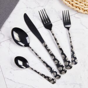 COCOROSE Black Silverware Set,Tableware Cutlery Set Service for 4,Knives and Forks and Spoons Sets with Skull Pattern Handle,20-Piece Stainless Steel Flatware Set,Mirror Polished,Utensils for Kitchens