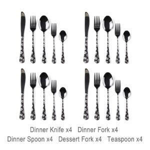 COCOROSE Black Silverware Set,Tableware Cutlery Set Service for 4,Knives and Forks and Spoons Sets with Skull Pattern Handle,20-Piece Stainless Steel Flatware Set,Mirror Polished,Utensils for Kitchens