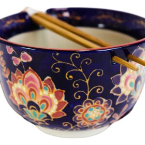 Ebros Midnight Purple Mandala Purple Floral Blossoms Ramen Udon Noodles Large 6.25"D Soup Bowl With Bamboo Chopsticks And Built In Rest Set for Asian Dining Rice Meal Bowls Decor Kitchen