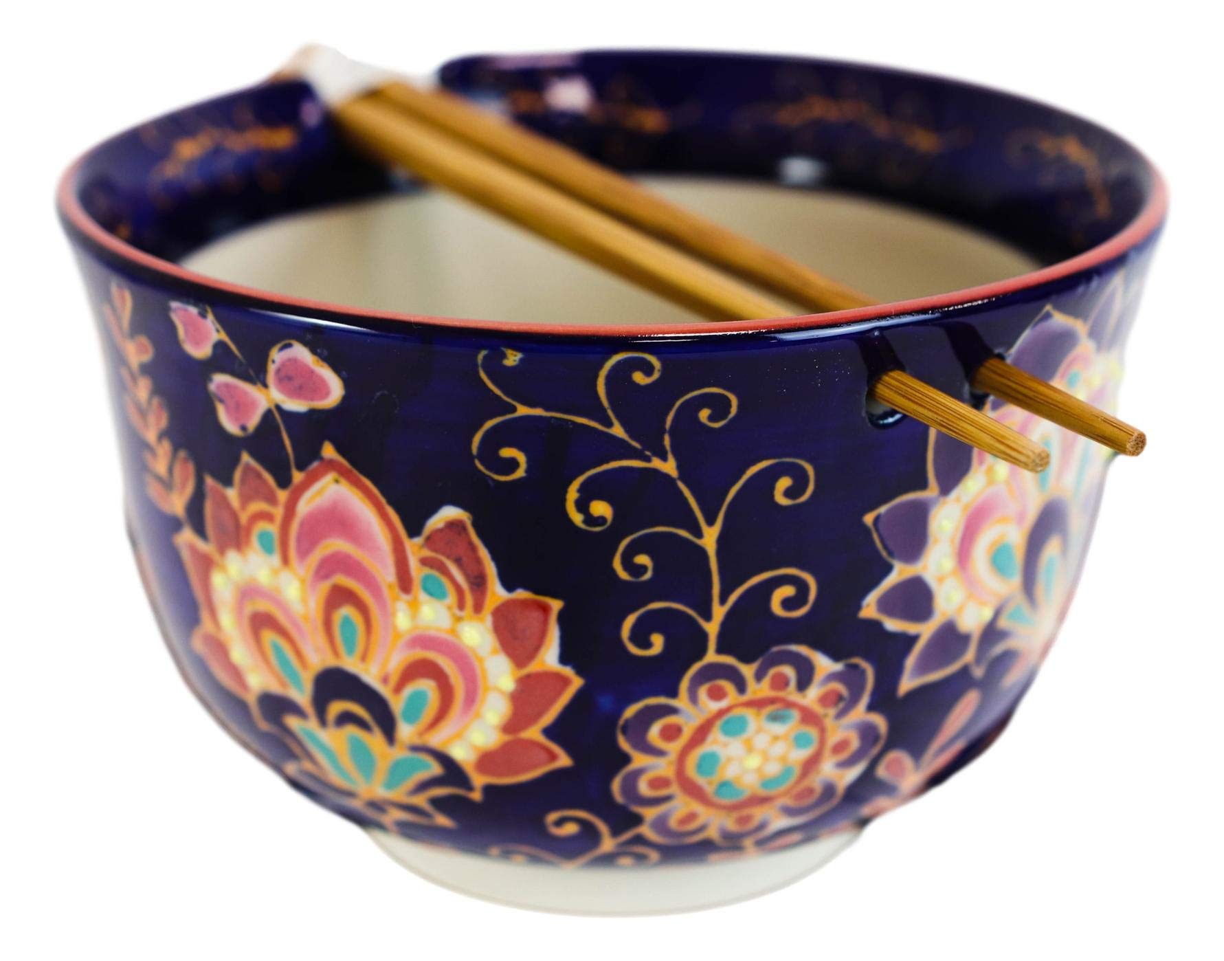 Ebros Midnight Purple Mandala Purple Floral Blossoms Ramen Udon Noodles Large 6.25"D Soup Bowl With Bamboo Chopsticks And Built In Rest Set for Asian Dining Rice Meal Bowls Decor Kitchen