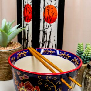 Ebros Midnight Purple Mandala Purple Floral Blossoms Ramen Udon Noodles Large 6.25"D Soup Bowl With Bamboo Chopsticks And Built In Rest Set for Asian Dining Rice Meal Bowls Decor Kitchen