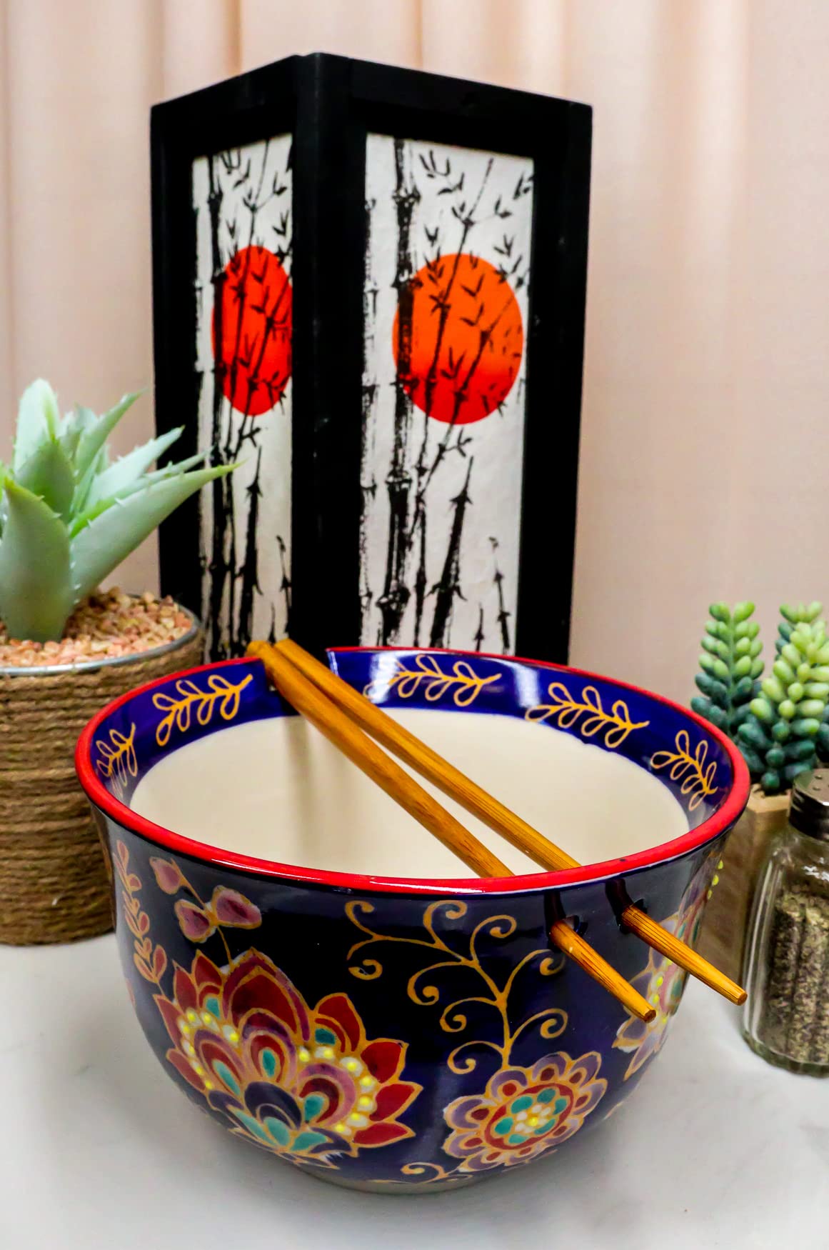 Ebros Midnight Purple Mandala Purple Floral Blossoms Ramen Udon Noodles Large 6.25"D Soup Bowl With Bamboo Chopsticks And Built In Rest Set for Asian Dining Rice Meal Bowls Decor Kitchen