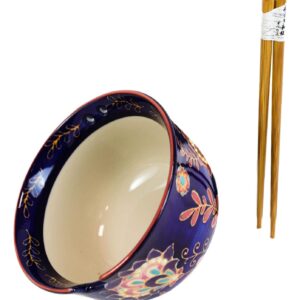 Ebros Midnight Purple Mandala Purple Floral Blossoms Ramen Udon Noodles Large 6.25"D Soup Bowl With Bamboo Chopsticks And Built In Rest Set for Asian Dining Rice Meal Bowls Decor Kitchen