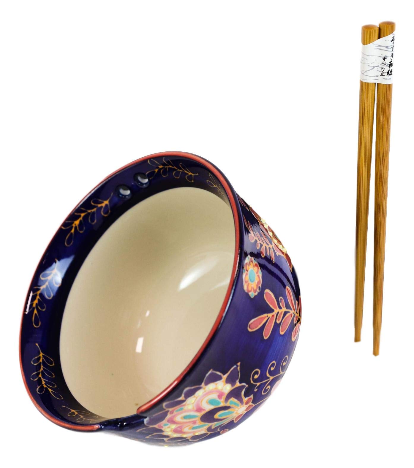 Ebros Midnight Purple Mandala Purple Floral Blossoms Ramen Udon Noodles Large 6.25"D Soup Bowl With Bamboo Chopsticks And Built In Rest Set for Asian Dining Rice Meal Bowls Decor Kitchen