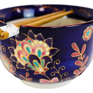 Ebros Midnight Purple Mandala Purple Floral Blossoms Ramen Udon Noodles Large 6.25"D Soup Bowl With Bamboo Chopsticks And Built In Rest Set for Asian Dining Rice Meal Bowls Decor Kitchen