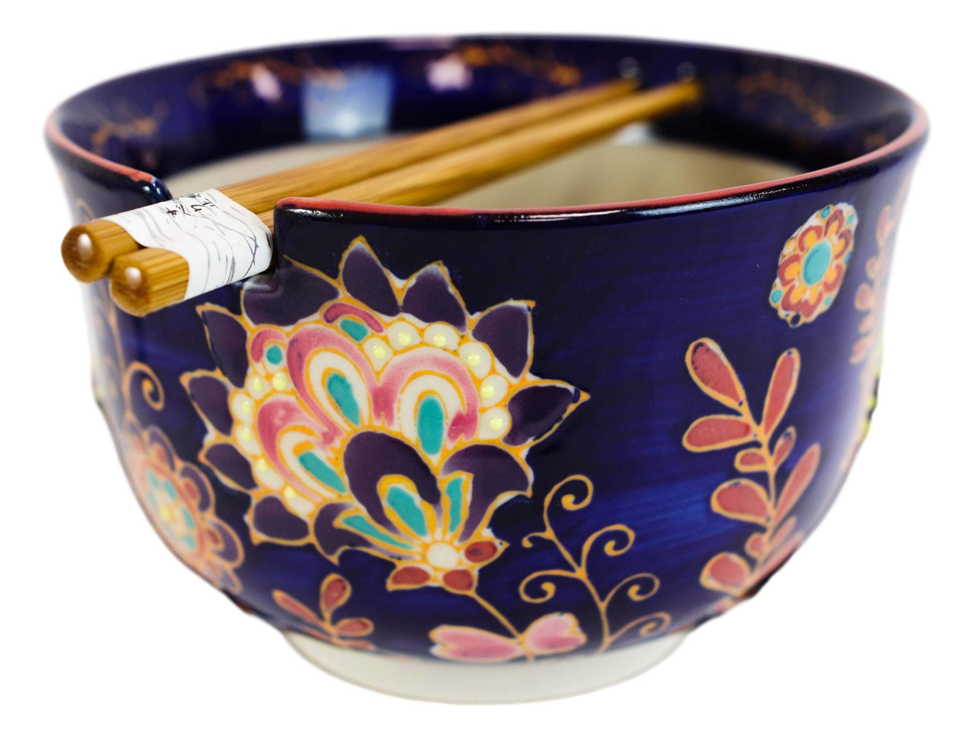 Ebros Midnight Purple Mandala Purple Floral Blossoms Ramen Udon Noodles Large 6.25"D Soup Bowl With Bamboo Chopsticks And Built In Rest Set for Asian Dining Rice Meal Bowls Decor Kitchen