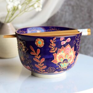 Ebros Midnight Purple Mandala Purple Floral Blossoms Ramen Udon Noodles Large 6.25"D Soup Bowl With Bamboo Chopsticks And Built In Rest Set for Asian Dining Rice Meal Bowls Decor Kitchen