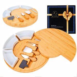 bamboo cheese board set–serving tray and cheese serving platter round cheese board and knife set for cracker and brie large charcuterie board set and cheese tray for housewarming gift-round