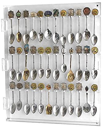 DisplayGifts All Clear Acrylic Spoon Display Case Rack to Hold 36 Souvenir or Tea Spoons Wall Mount Spoon Rack Cabinet with Door for Protection