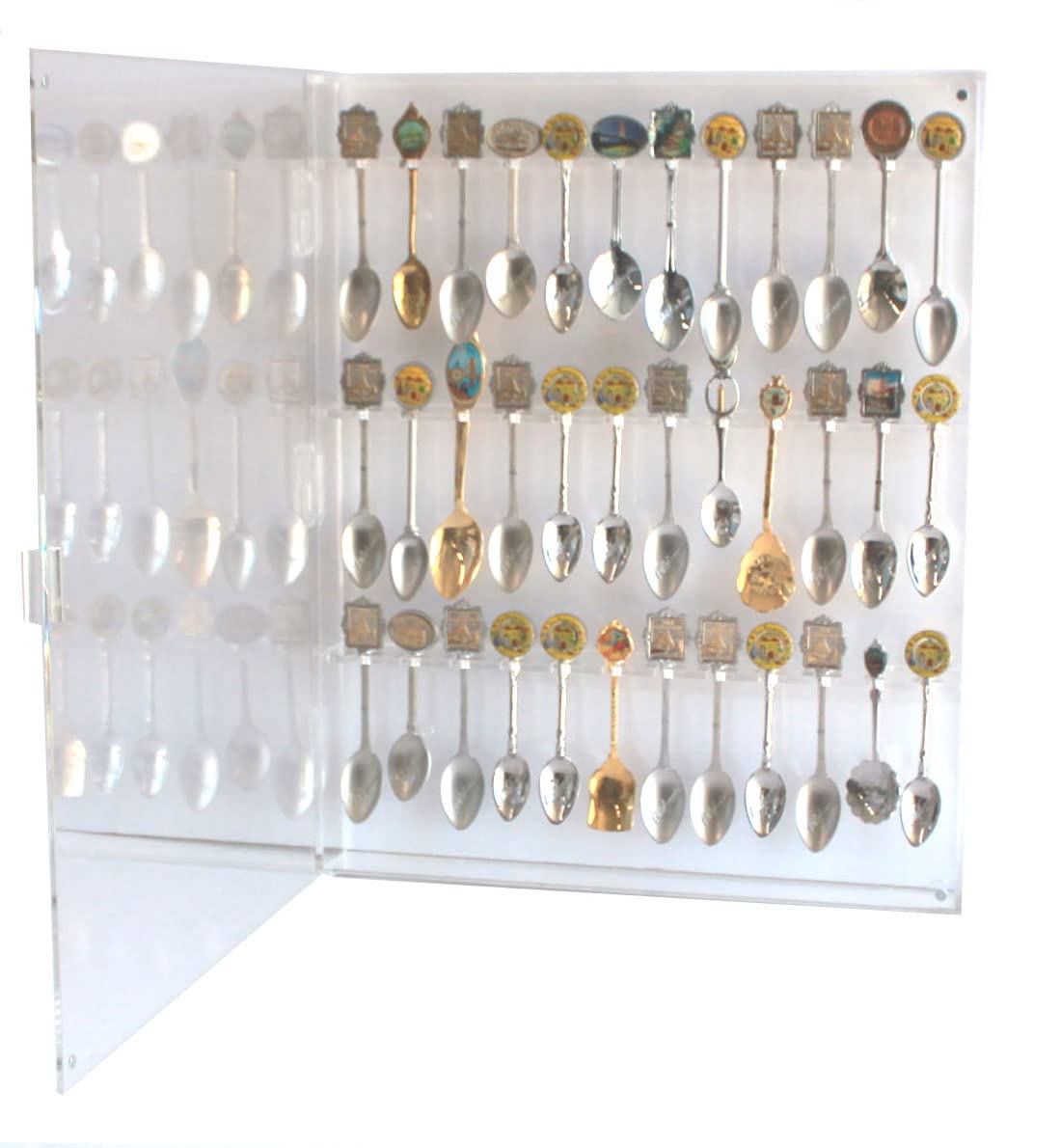 DisplayGifts All Clear Acrylic Spoon Display Case Rack to Hold 36 Souvenir or Tea Spoons Wall Mount Spoon Rack Cabinet with Door for Protection