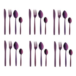 purple silverware set, buygo 24-piece stainless steel camping flatware dinnerware set for 6, hand polish, dishwasher safe