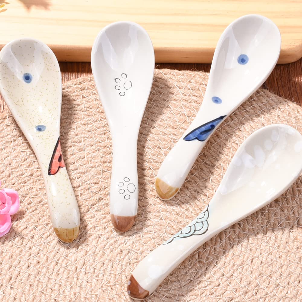 Swlthwen Ceramic Soup Spoons Set of 4, Porcelain Japanese Ramen Spoons for Ramen Pho Dessert Ice Cream Wonton Beige