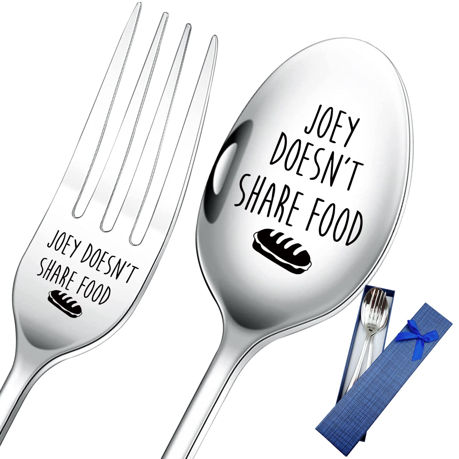 HSSPIRITZ 2 Pieces Joey Doesn't Share Food Funny Engraved Stainless Spoon Fork Set,Friends Tv Show Merchandise,Kitchen Dinner Spoop and Fork for Women, Men, Friends, Sister Birthday Christmas Gifts