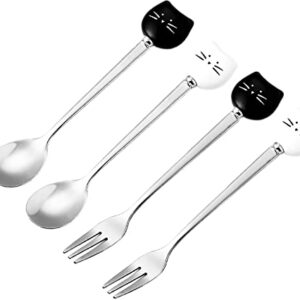 Cute Cat Coffee Spoon and Fork Set, Ceramic Stainless Steel Cat Dessert spoon Drink Spoons Fruit Fork, 5.7/7.2 Inch (5.7 inch, White&Black(Spoon+Fork Set A))