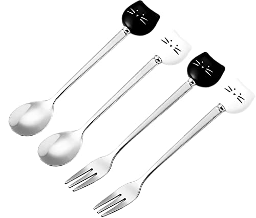 Cute Cat Coffee Spoon and Fork Set, Ceramic Stainless Steel Cat Dessert spoon Drink Spoons Fruit Fork, 5.7/7.2 Inch (5.7 inch, White&Black(Spoon+Fork Set A))