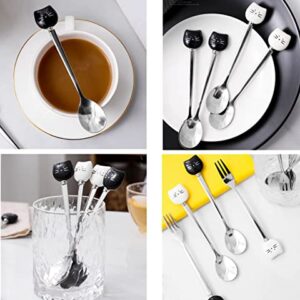 Cute Cat Coffee Spoon and Fork Set, Ceramic Stainless Steel Cat Dessert spoon Drink Spoons Fruit Fork, 5.7/7.2 Inch (5.7 inch, White&Black(Spoon+Fork Set A))