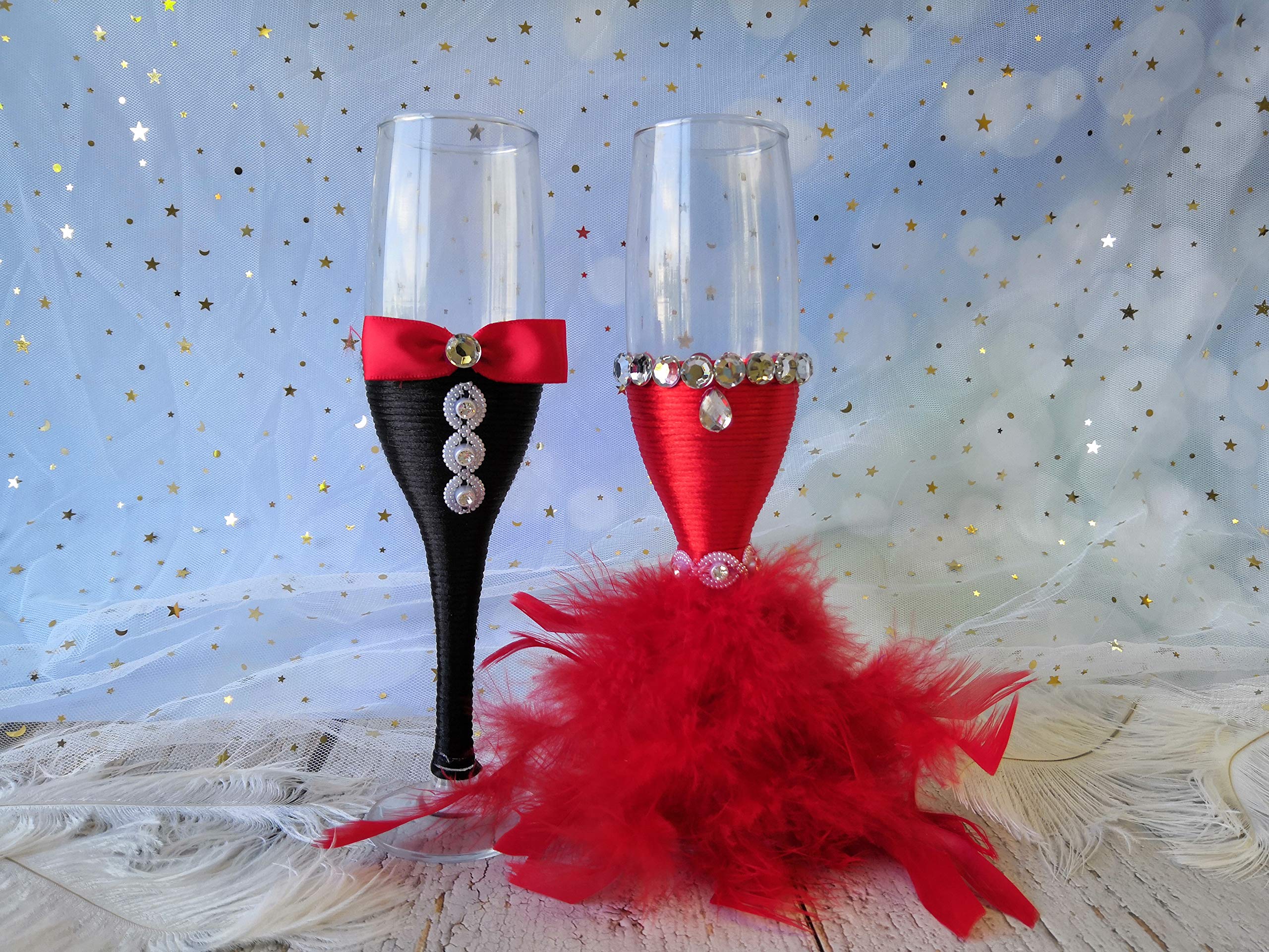 Abbie Home Bride and Groom Wedding Champagne Toasting Flute - Mr Mrs Wine Glasses Wedding Toasting Glasses with Feather Dress Red Suit Rhinestone, Set of 2 (Glass Set)