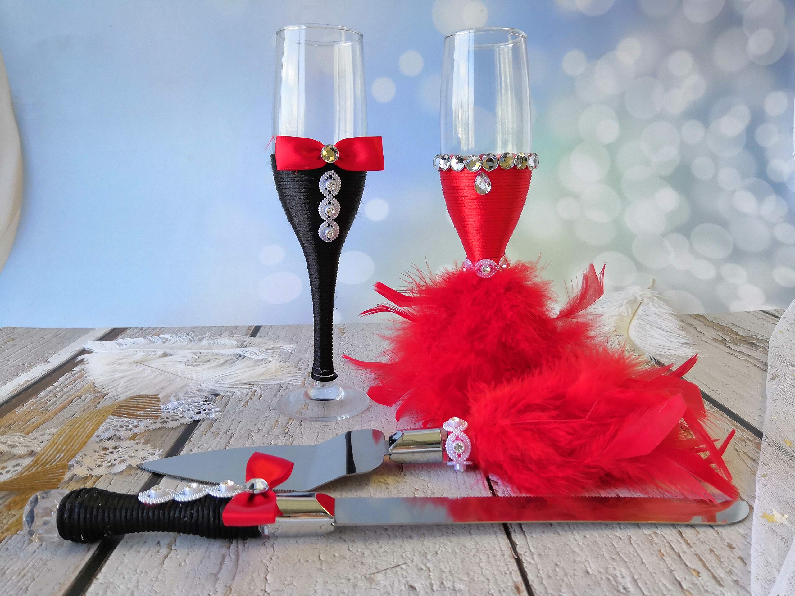 Abbie Home Bride and Groom Wedding Champagne Toasting Flute - Mr Mrs Wine Glasses Wedding Toasting Glasses with Feather Dress Red Suit Rhinestone, Set of 2 (Glass Set)