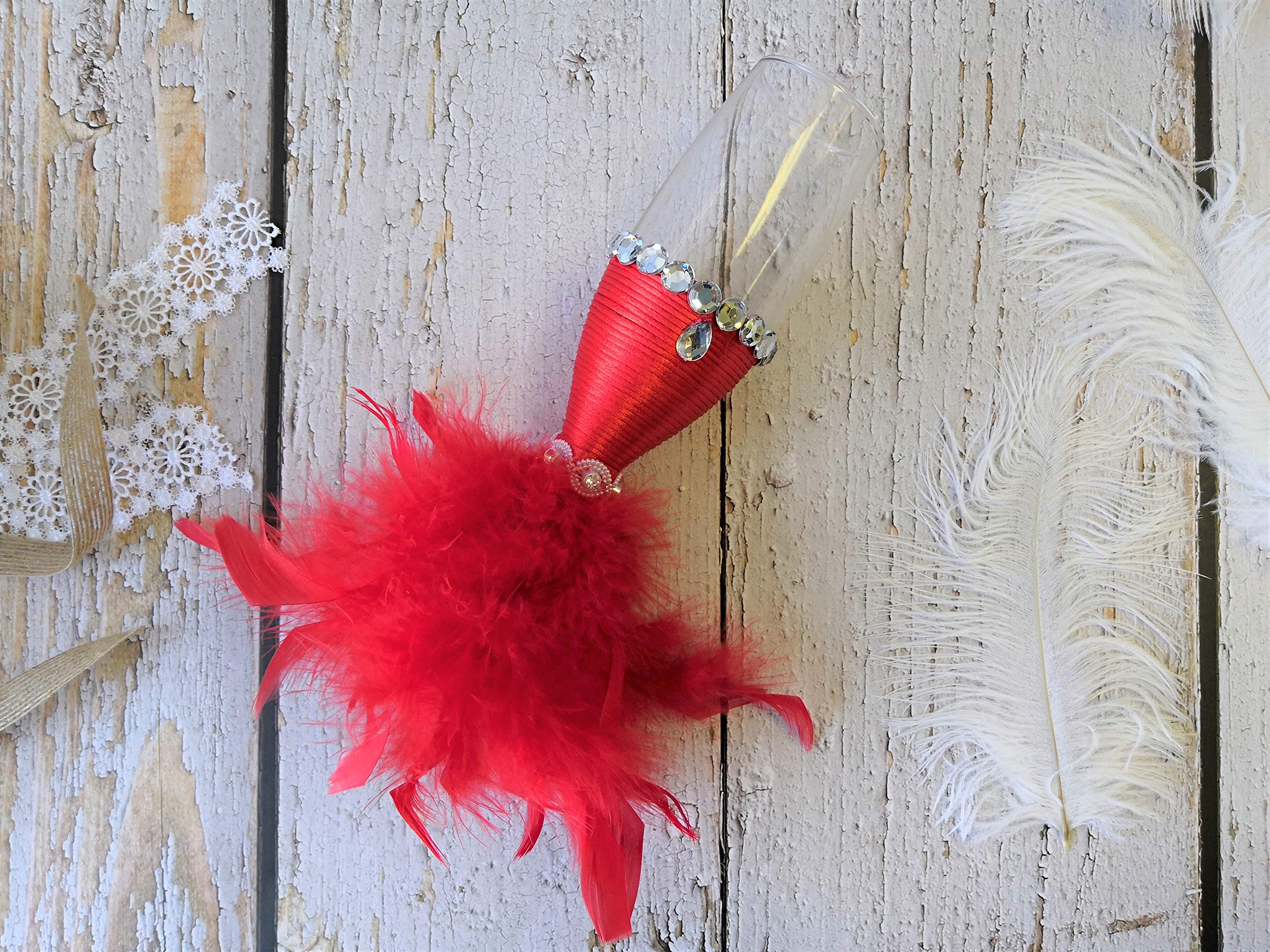 Abbie Home Bride and Groom Wedding Champagne Toasting Flute - Mr Mrs Wine Glasses Wedding Toasting Glasses with Feather Dress Red Suit Rhinestone, Set of 2 (Glass Set)