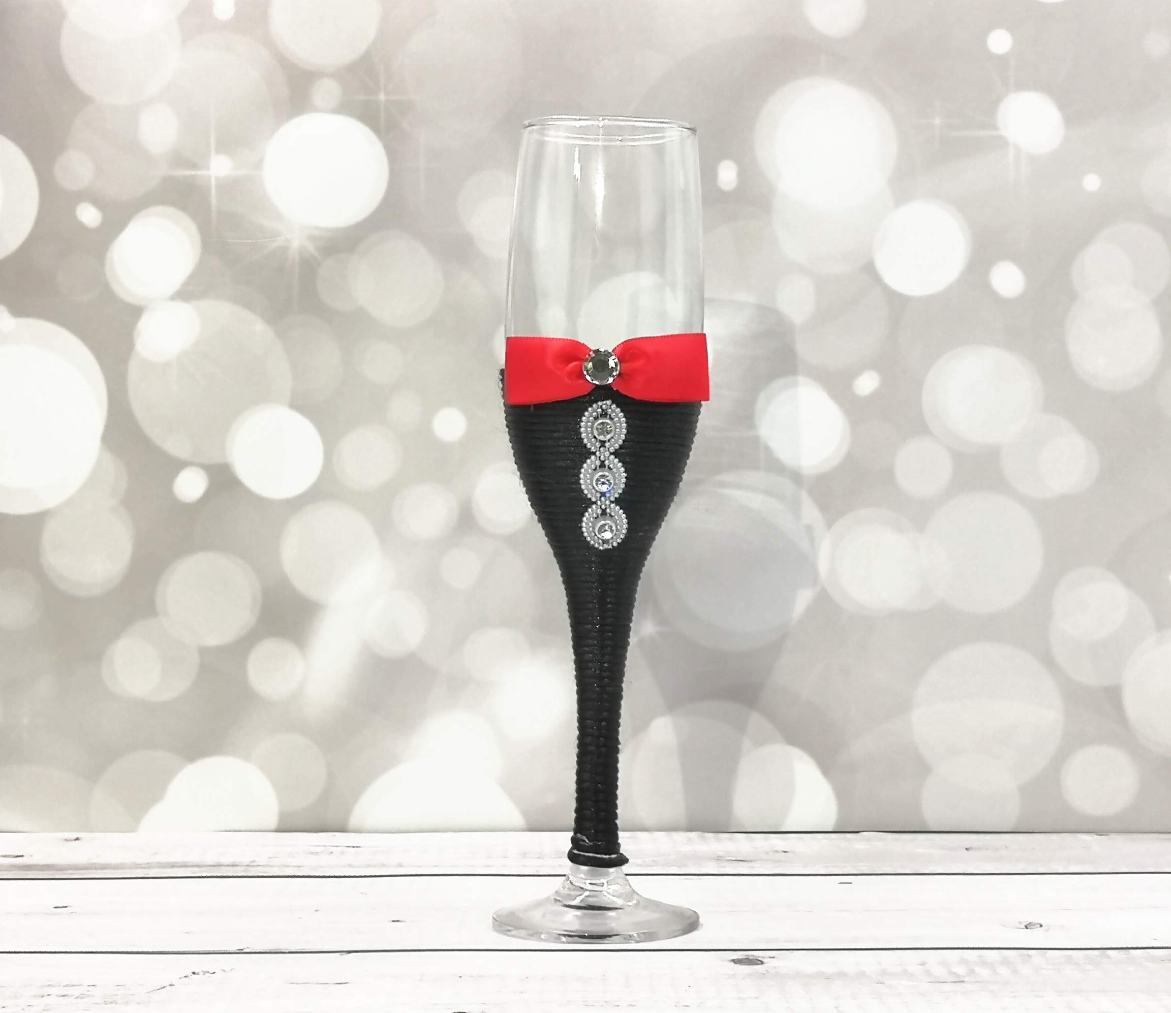 Abbie Home Bride and Groom Wedding Champagne Toasting Flute - Mr Mrs Wine Glasses Wedding Toasting Glasses with Feather Dress Red Suit Rhinestone, Set of 2 (Glass Set)