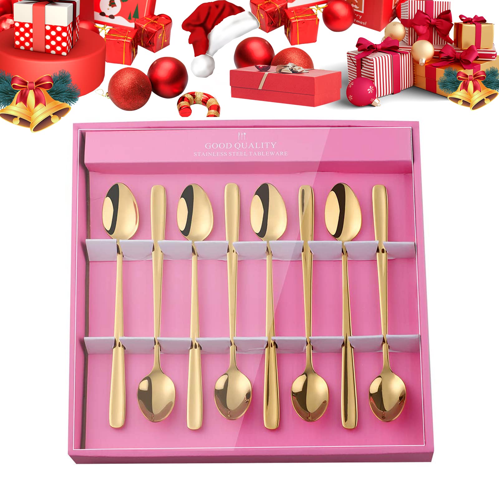 YDware Long Handle Ice Tea Spoons, 7.87 Inches Coffee Spoon, 18/10 Stainless Steel Long Spoon, Ice Cream Spoon, Cocktail Stirring Spoons, Gold Set of 8 in Pink Gift Box