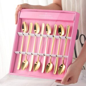 YDware Long Handle Ice Tea Spoons, 7.87 Inches Coffee Spoon, 18/10 Stainless Steel Long Spoon, Ice Cream Spoon, Cocktail Stirring Spoons, Gold Set of 8 in Pink Gift Box