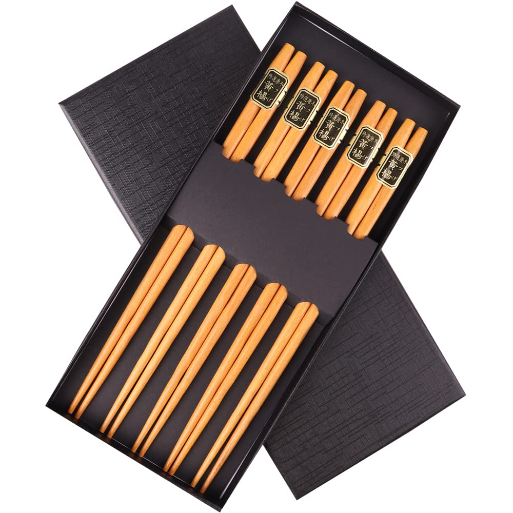 Limoer Chopsticks Reusable Japanese Style 5-Pairs Set of Natural Wood Chopsticks Gift boxwood style 8.86 Inch