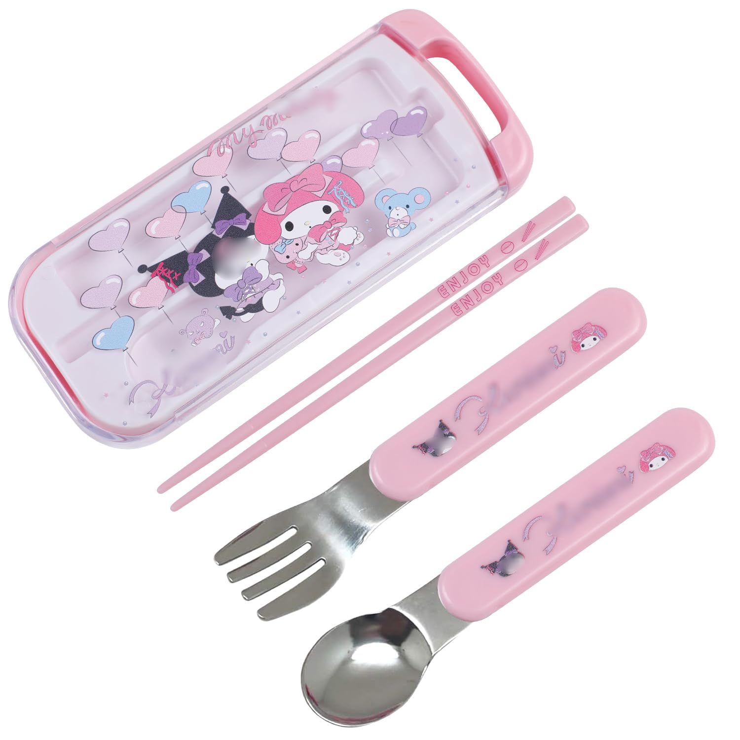 Kitty Cat Fork and Spoon Chopsticks Set, Kitty Cat Travel Stainless steel Reusable Utensils Silverware with Case, Kitty Cat Travel Camping Cutlery Set (FS Me&Ku)