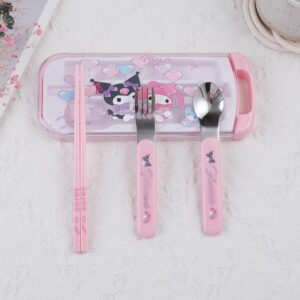 Kitty Cat Fork and Spoon Chopsticks Set, Kitty Cat Travel Stainless steel Reusable Utensils Silverware with Case, Kitty Cat Travel Camping Cutlery Set (FS Me&Ku)