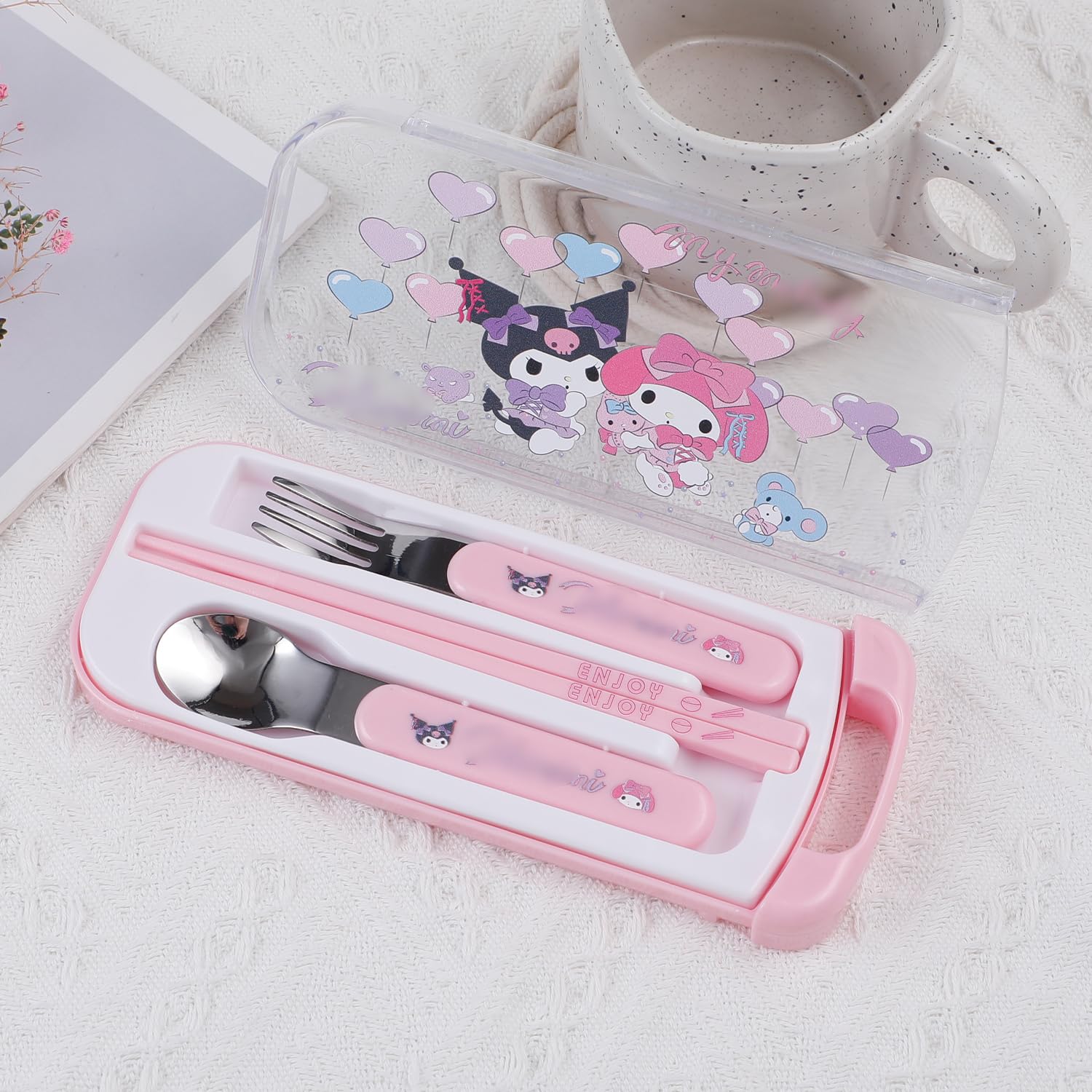 Kitty Cat Fork and Spoon Chopsticks Set, Kitty Cat Travel Stainless steel Reusable Utensils Silverware with Case, Kitty Cat Travel Camping Cutlery Set (FS Me&Ku)