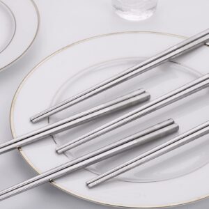 Kitiok 5-Pairs Metal Reusable Square Chopsticks Non Slip for Adults Sushi Ramen, 18 10 Stainless Steel Chopsticks Set Dishwasher Safe, Silver