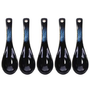 japanese soup spoon set of 5, blue and black vintage spoon for oat wonton salad ramen noodle udon