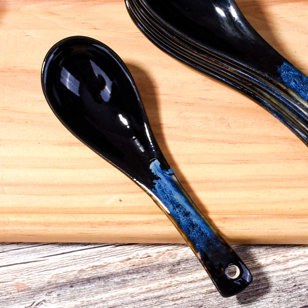 Japanese Soup Spoon set of 5, Blue and Black Vintage Spoon for Oat Wonton Salad Ramen Noodle Udon