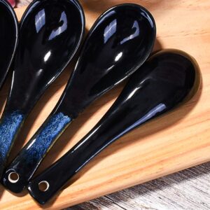 Japanese Soup Spoon set of 5, Blue and Black Vintage Spoon for Oat Wonton Salad Ramen Noodle Udon