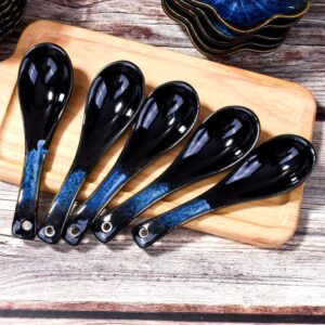 Japanese Soup Spoon set of 5, Blue and Black Vintage Spoon for Oat Wonton Salad Ramen Noodle Udon