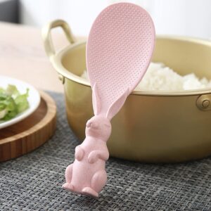 YunQin 2Pcs Creative Cute Rabbit Non-Stick Rice Scoop,Bunny Shape Standable Rice Scooper,Household Rice Cooker Rice Spoon,Cartoon Rice Spoon(Pink+Beige)