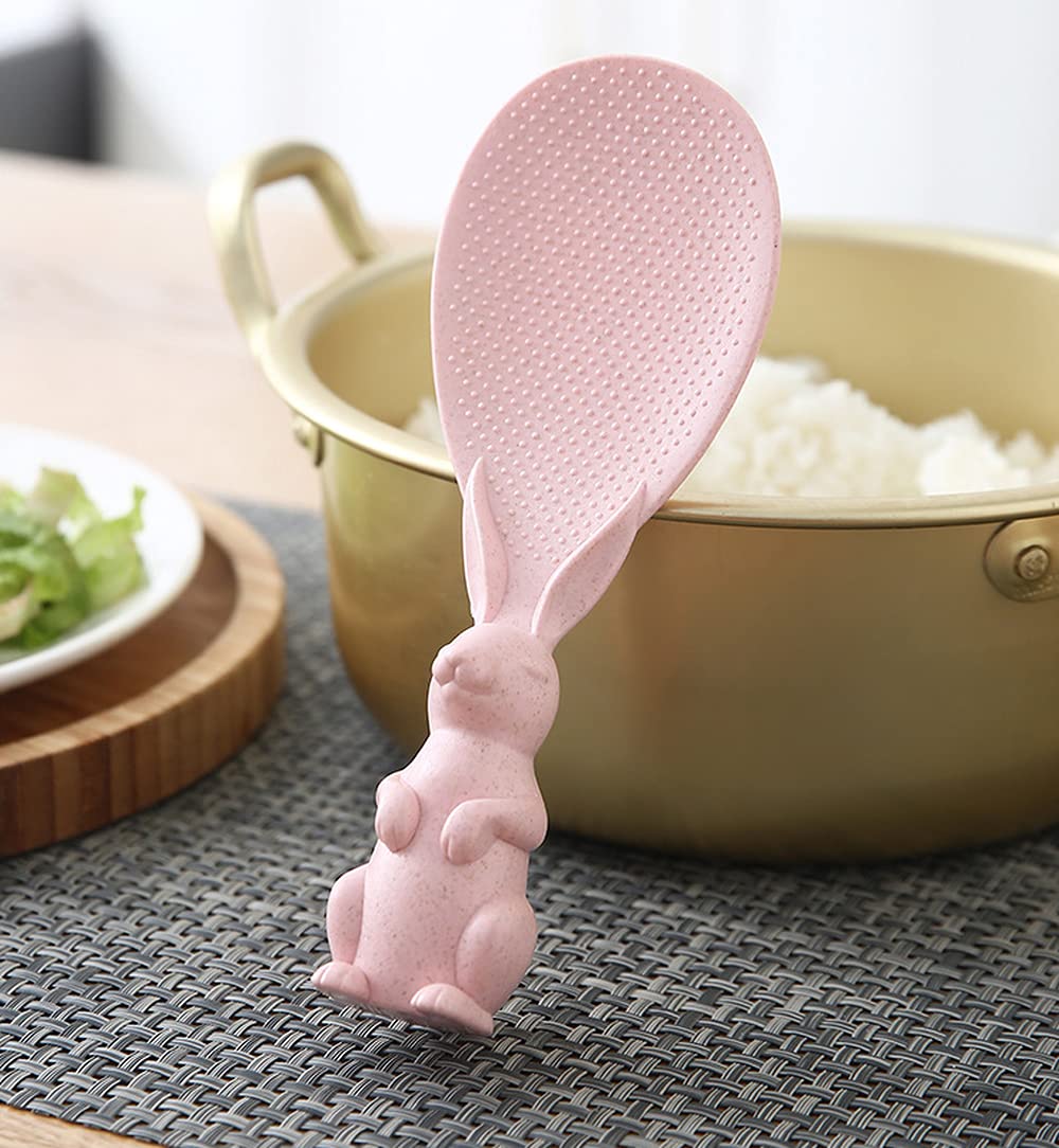 YunQin 2Pcs Creative Cute Rabbit Non-Stick Rice Scoop,Bunny Shape Standable Rice Scooper,Household Rice Cooker Rice Spoon,Cartoon Rice Spoon(Pink+Beige)