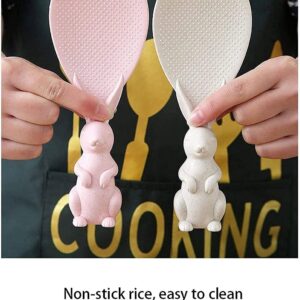 YunQin 2Pcs Creative Cute Rabbit Non-Stick Rice Scoop,Bunny Shape Standable Rice Scooper,Household Rice Cooker Rice Spoon,Cartoon Rice Spoon(Pink+Beige)