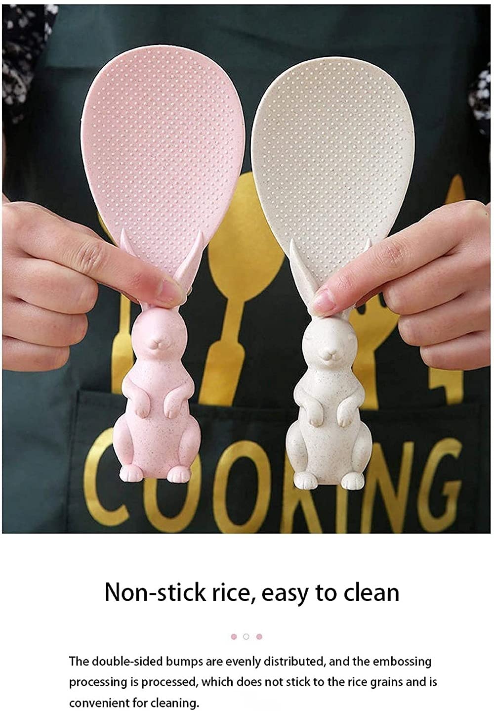 YunQin 2Pcs Creative Cute Rabbit Non-Stick Rice Scoop,Bunny Shape Standable Rice Scooper,Household Rice Cooker Rice Spoon,Cartoon Rice Spoon(Pink+Beige)