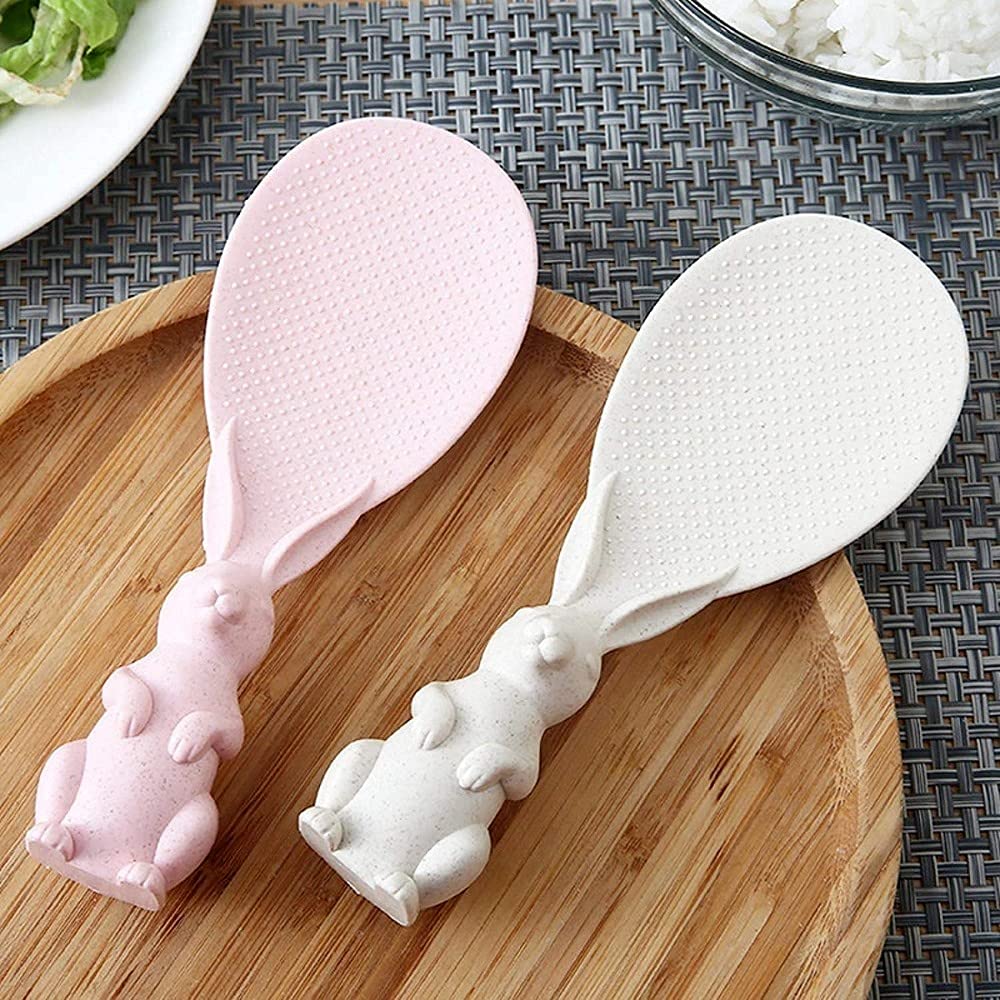 YunQin 2Pcs Creative Cute Rabbit Non-Stick Rice Scoop,Bunny Shape Standable Rice Scooper,Household Rice Cooker Rice Spoon,Cartoon Rice Spoon(Pink+Beige)