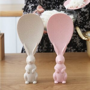 YunQin 2Pcs Creative Cute Rabbit Non-Stick Rice Scoop,Bunny Shape Standable Rice Scooper,Household Rice Cooker Rice Spoon,Cartoon Rice Spoon(Pink+Beige)